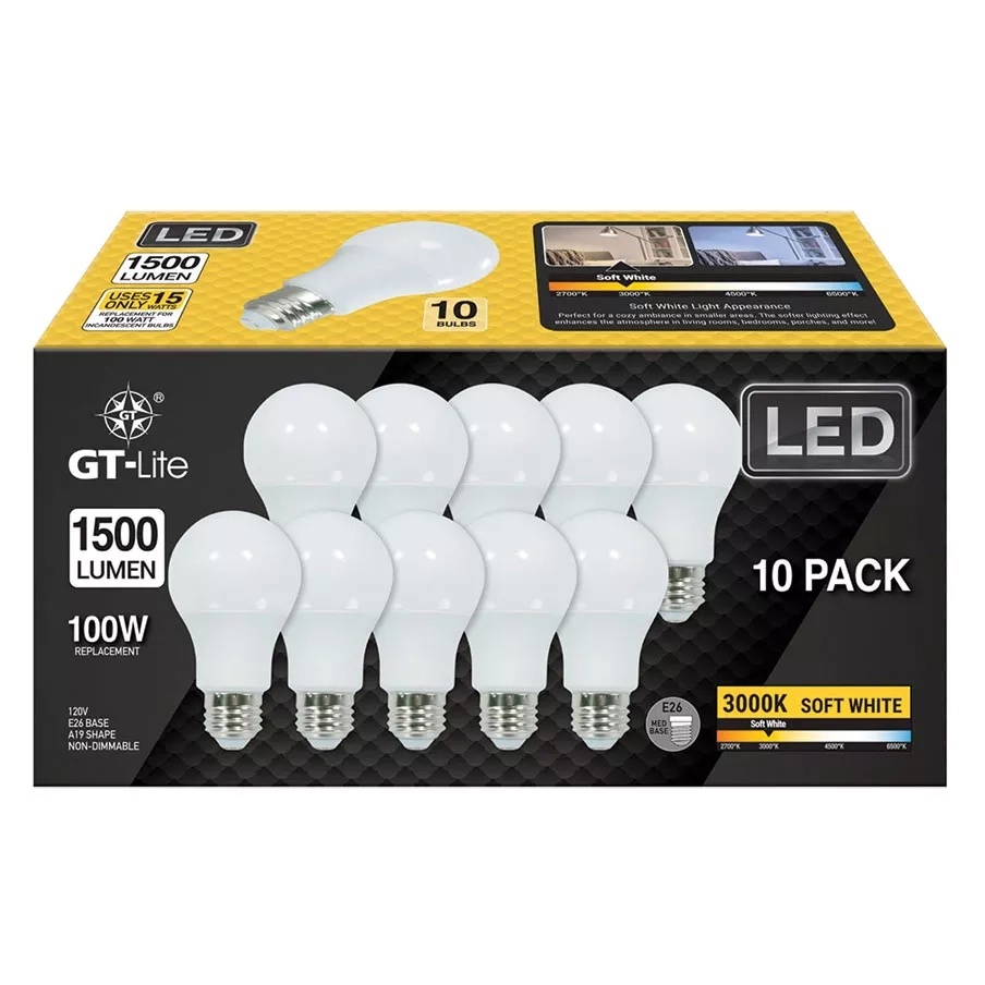 GT-Lite® 100 Watt Equivalent A19 E26 Soft White LED Light Bulb - 10 ...