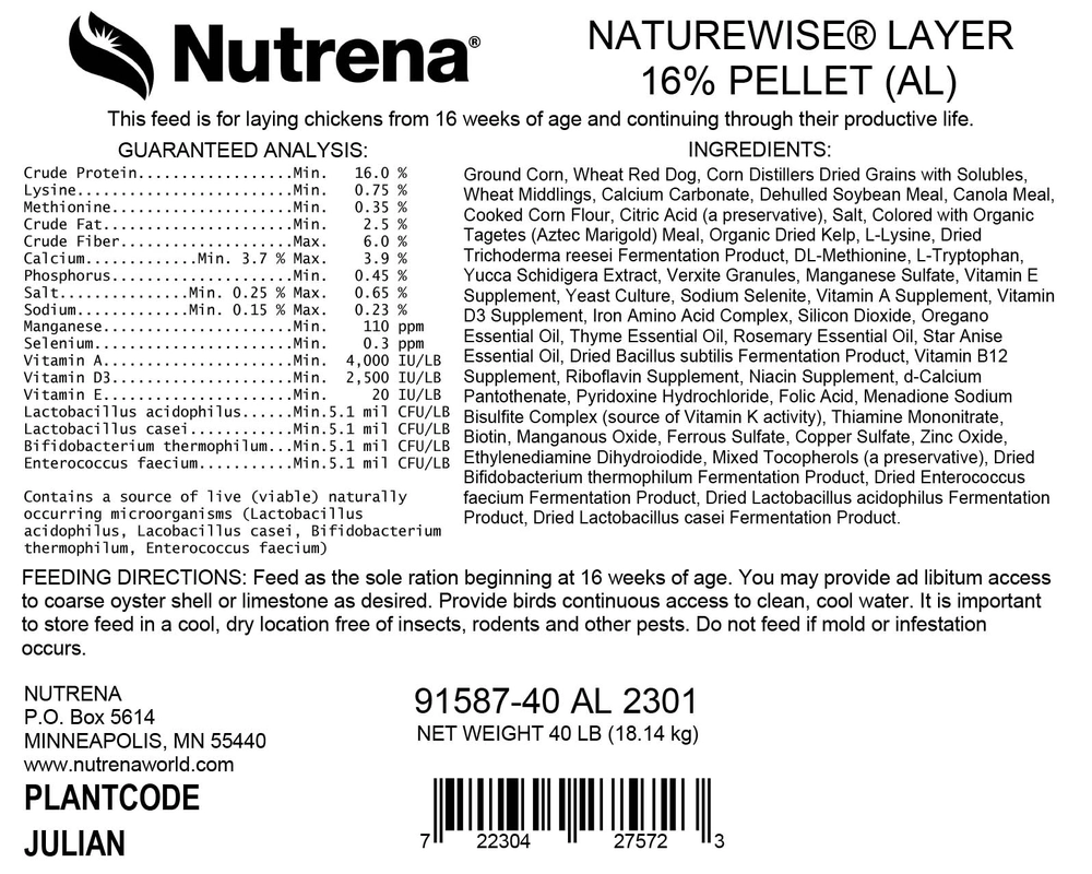 Nutrena NatureWise Layer Pellets 16% Poultry Feed, 40 lbs. - 0000006125 ...
