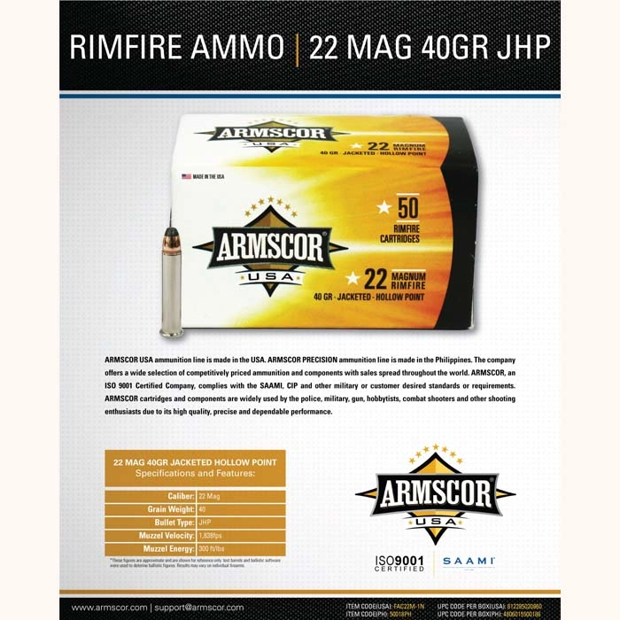 ARMSCOR USA - 22 Mag. - 40gr - JHP - Brass Casing - 50rnd/Box - Runnings