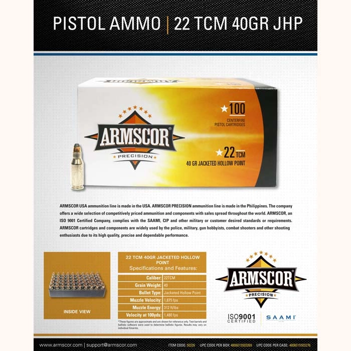 ARMSCOR USA Precision - 22TCM - 40gr - JHP - Nickel Plated Casing ...