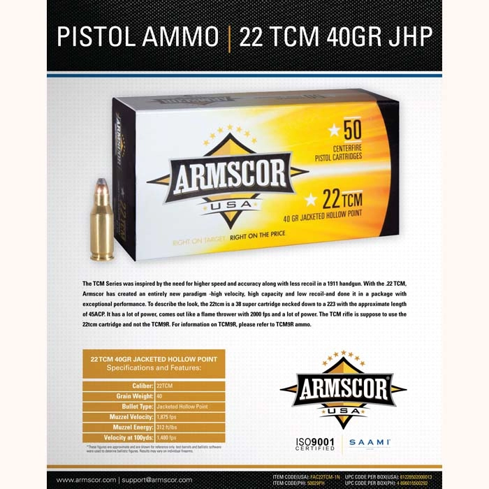 ARMSCOR USA - 22TCM9R - 39gr - JHP - Brass Casing(Case Lubed) - 50rnd ...