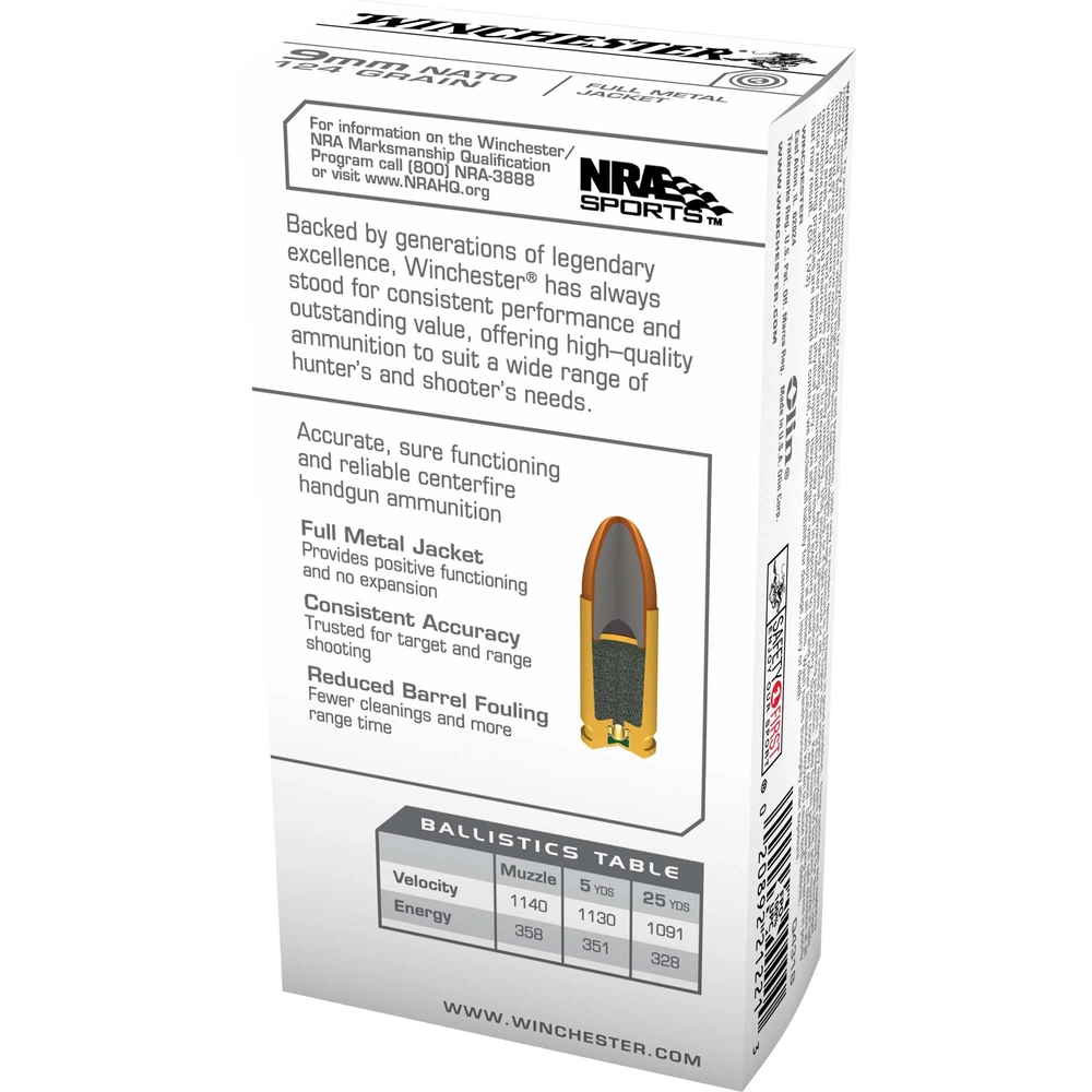 Winchester 9mm 124 Grain FMJ Centerfire Ammunition Cartridges - Runnings